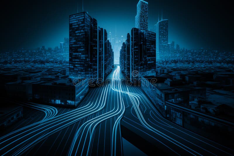 Smart City and Technology Connection Concept. City with Blue Glowing ...