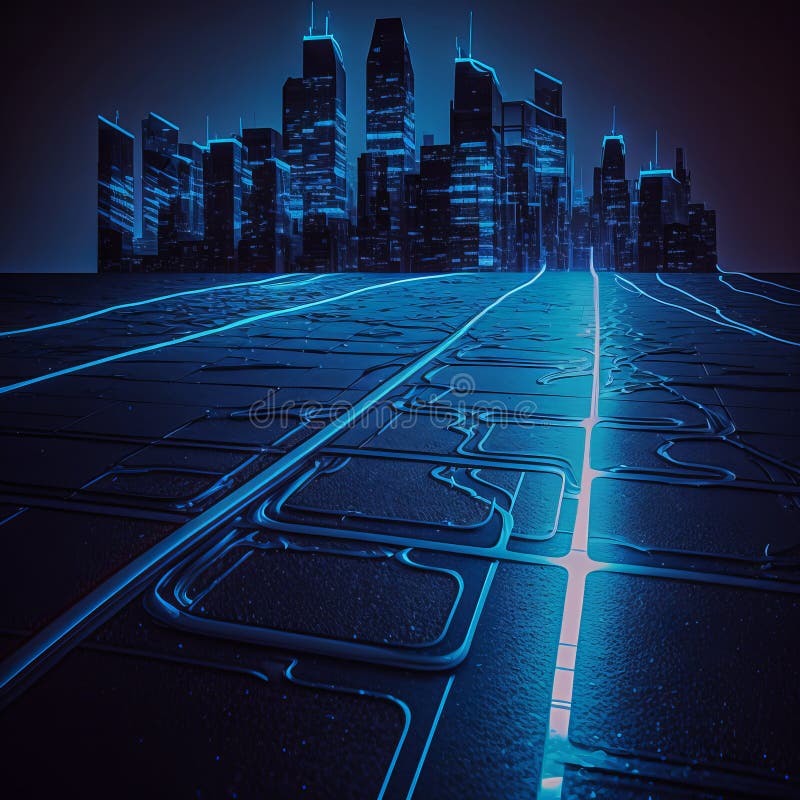 Smart City and Technology Connection Concept. City with Blue Glowing ...