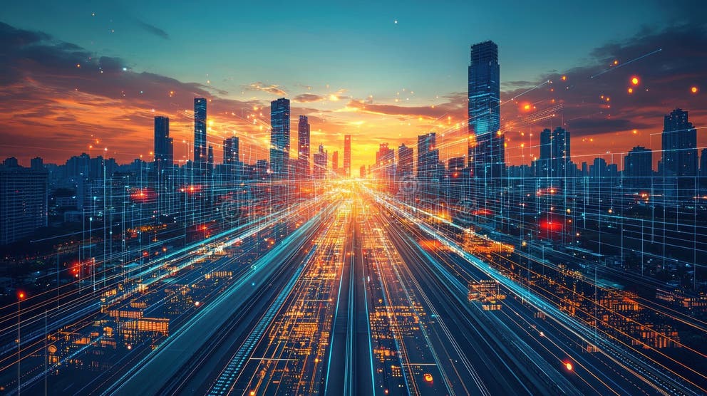 Smart City Technology at Sunset. Stock Illustration - Illustration of ...