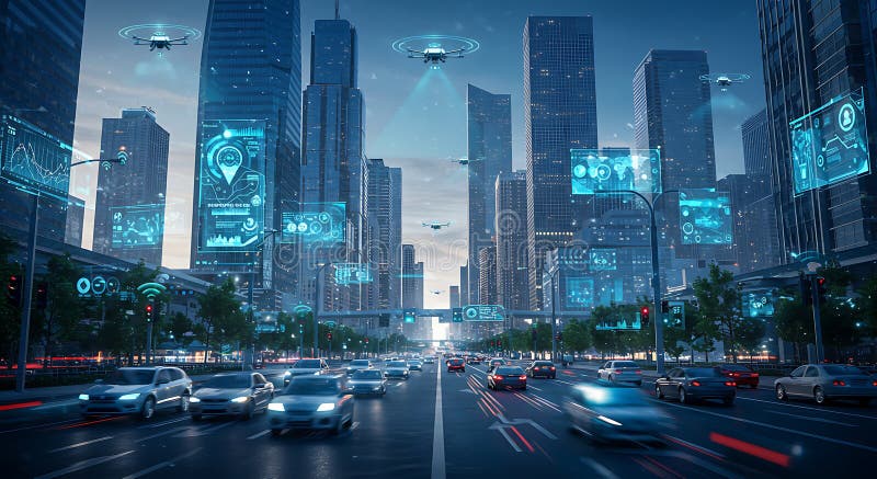 Smart City Traffic with Drones and Futuristic Data Screens Conceptual ...