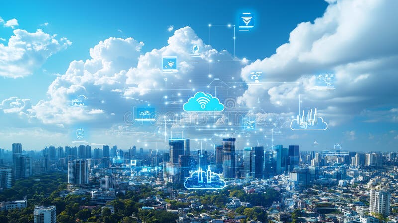 Smart City Digital Network Technology Cloud Computing Infrastructure IoT Sky Data View Urban ...