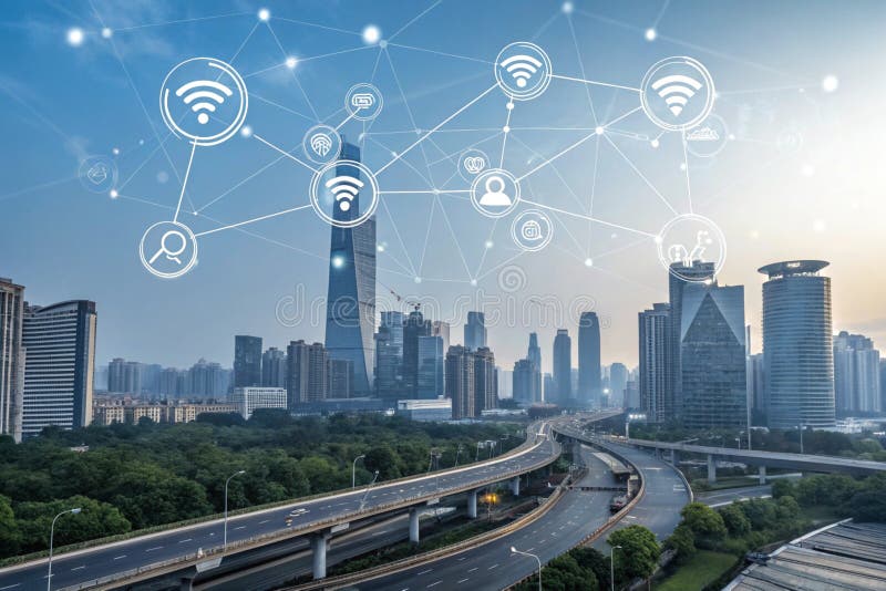 Smart City and Wireless Communication Network Stock Illustration ...