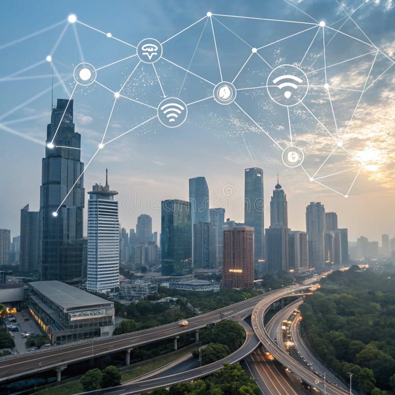 Smart City and Wireless Communication Network Stock Illustration ...