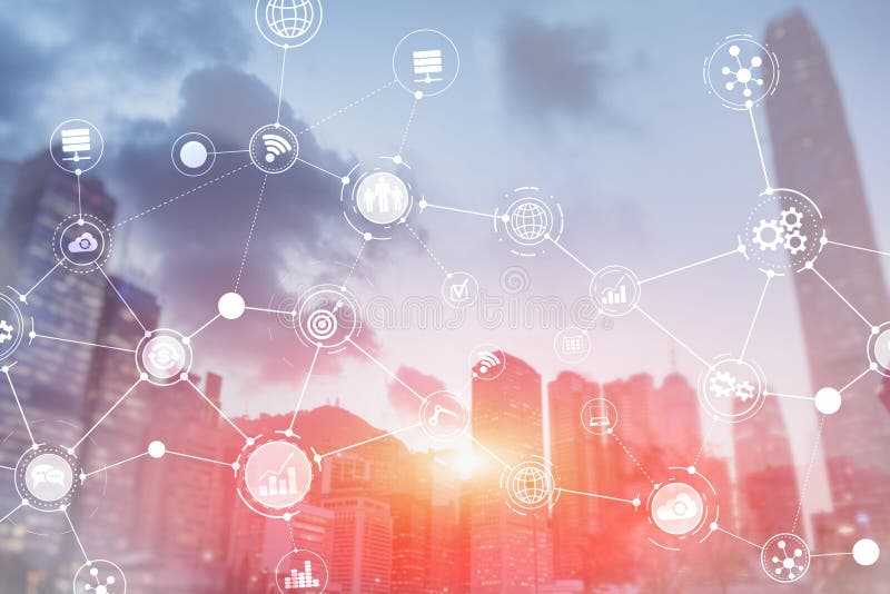 Smart City and Wireless Communication Network. Business District with ...