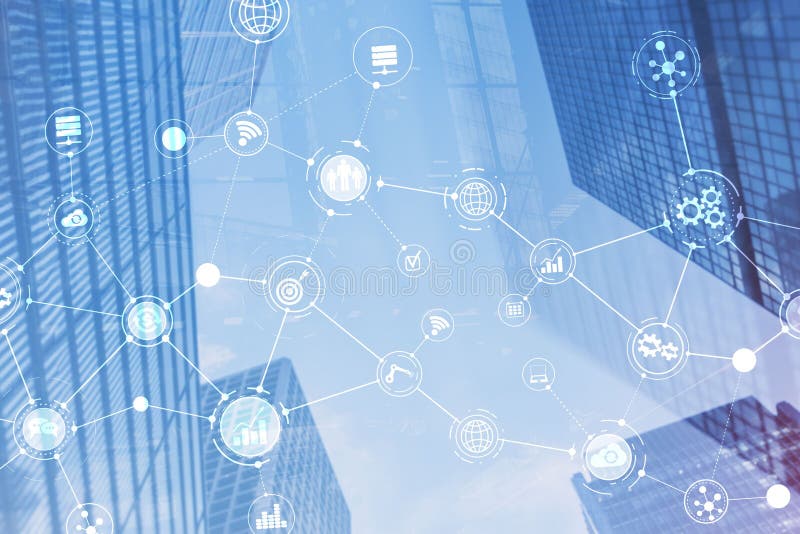 Smart City and Wireless Communication Network. Business District with ...