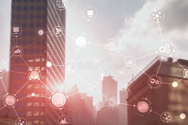 Smart City and Wireless Communication Network. Business District with ...