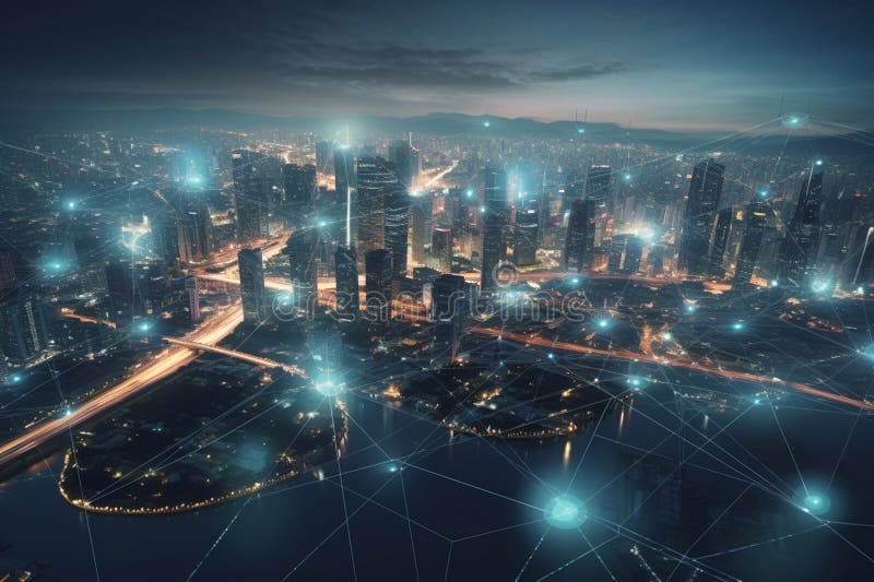 Smart City and Wireless Communication Network on the City at Night. 3d ...