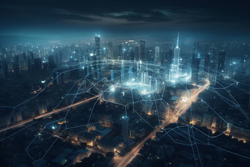 Smart City and Wireless Communication Network on the City at Night. 3d ...