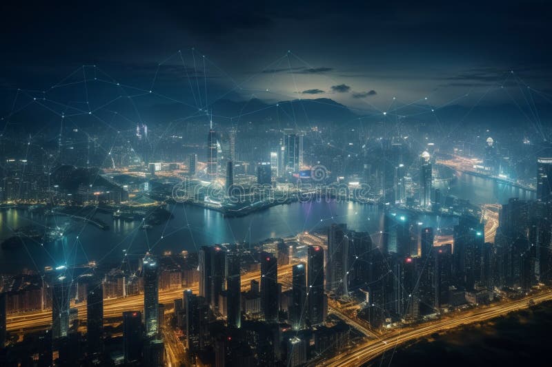 Smart City and Wireless Communication Network on the City at Night. 3d ...