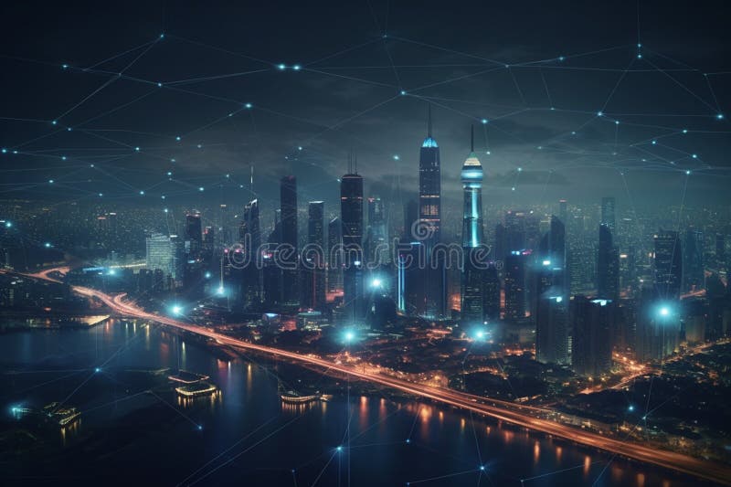 Smart City and Wireless Communication Network on the City at Night. 3d ...