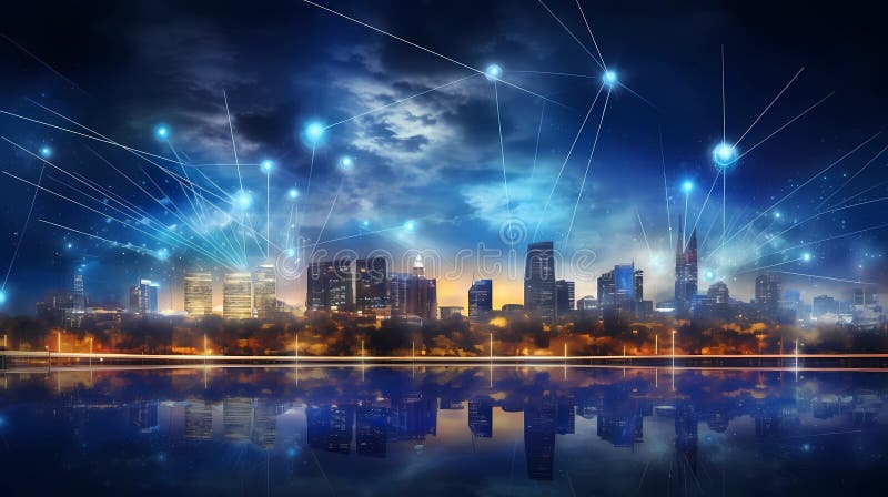 Smart City and Wireless Communication Network Over Cityscape Background ...