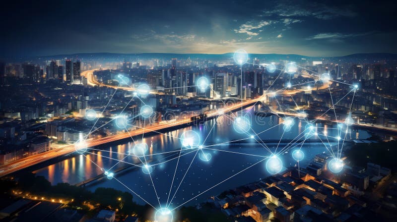 Smart City and Wireless Communication Network Over Night Panoramic ...