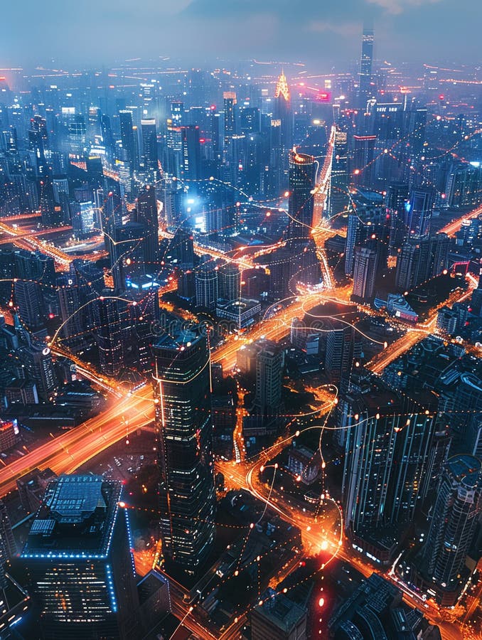 Smart Cityscape with IoT Network Visible, Twilight, Aerial View ...