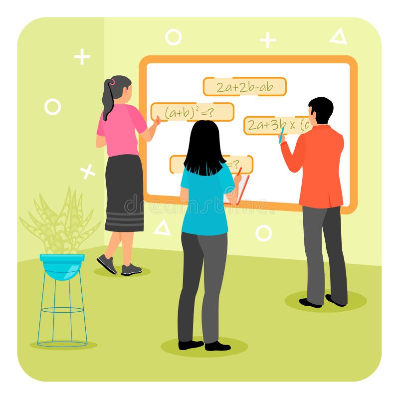 Smart Classroom Technology. Group of Students Collaborating on Math Problems on Interactive ...