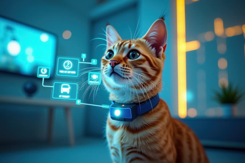 Smart Collar on Orange Tabby Cat in Modern High-tech Home Environment ...
