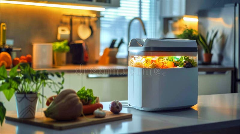 Smart Composting Unit with Vegetables and Herbs in Modern Kitchen Stock ...