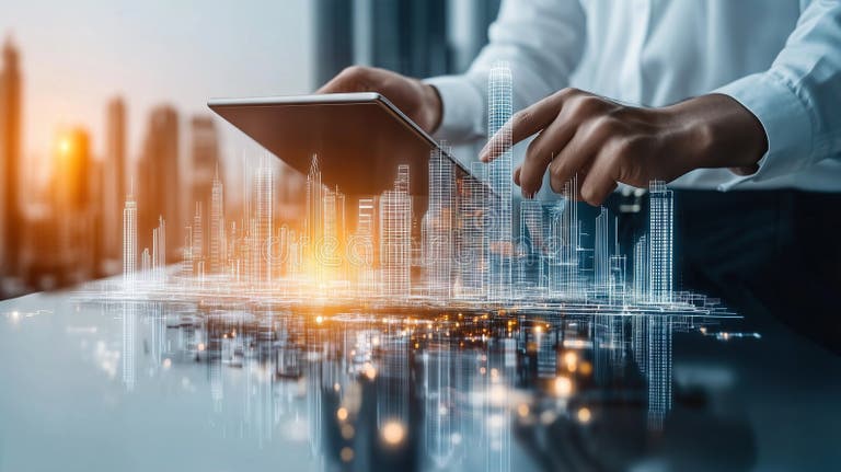 Smart Construction Project Management System Concept, Engineer Using a Digital Tablet on a ...