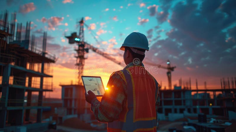 Smart Construction Worker with a Tablet Overlooking a Cityscape at Dusk ...