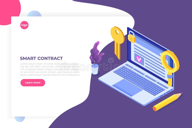 Smart Contract, Digital Signature Isometric Concept. Blockchain ...