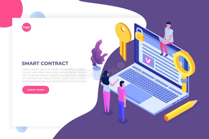 Smart Contract, Digital Signature Isometric Concept. Blockchain ...