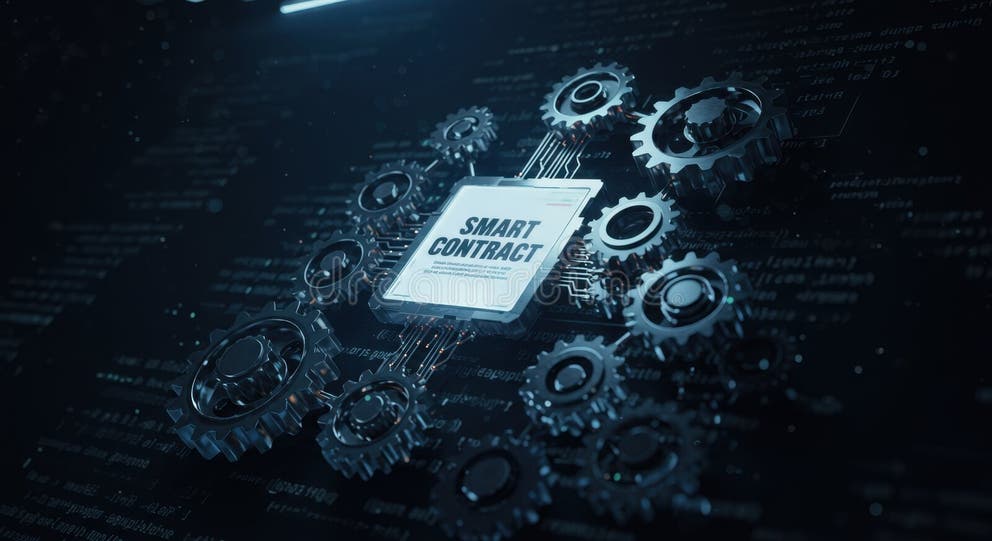 Smart Contract Technology: Glowing Gears and Code on Circuit Board ...