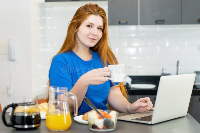Young Corpulent Female Student Learning Computer Morning Breakfast ...
