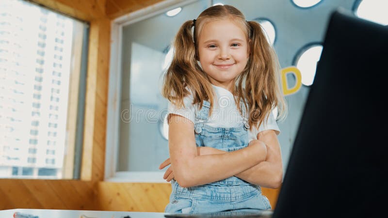 Smart Cute Girl Using Laptop Programing Software while Crossing Arms ...