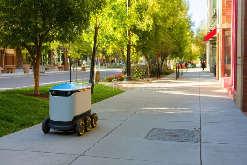 Smart Delivery Robot Navigates a Quiet Sidewalk in a Lively Urban Area ...