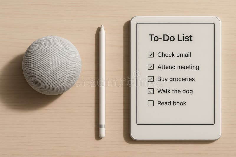 Smart Desk Essentials with To-Do List on Tablet and Smart Speaker Stock ...