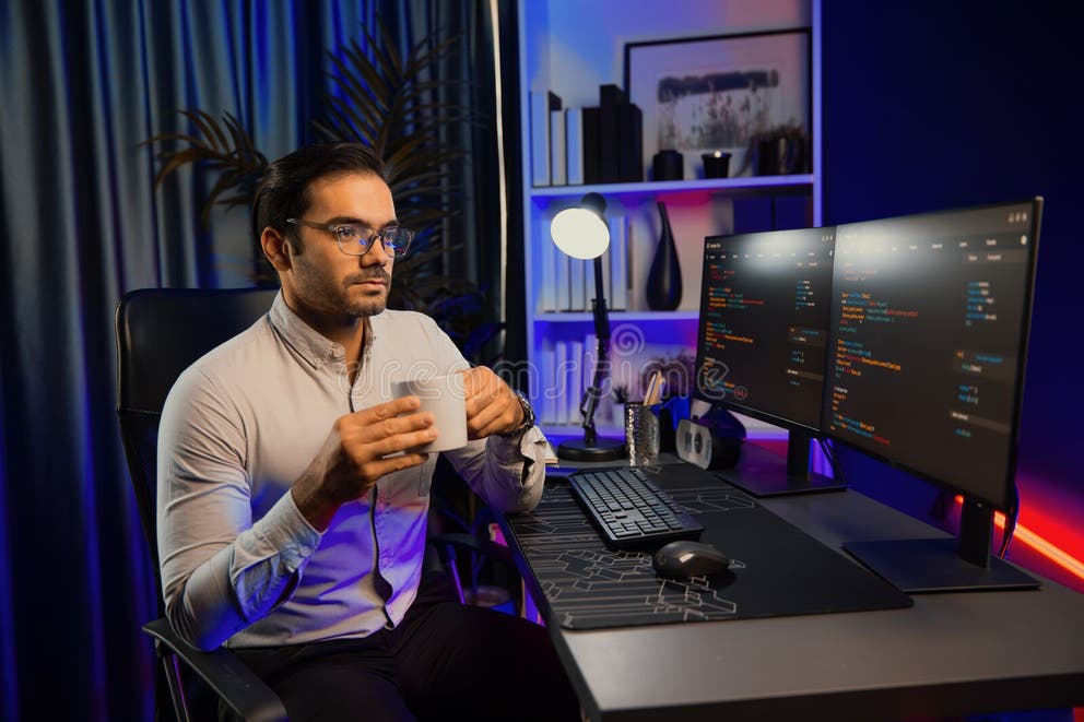 Smart it Developer Drinking Coffee Cup while Working Code on Pc Screen. Surmise. Stock Photo ...