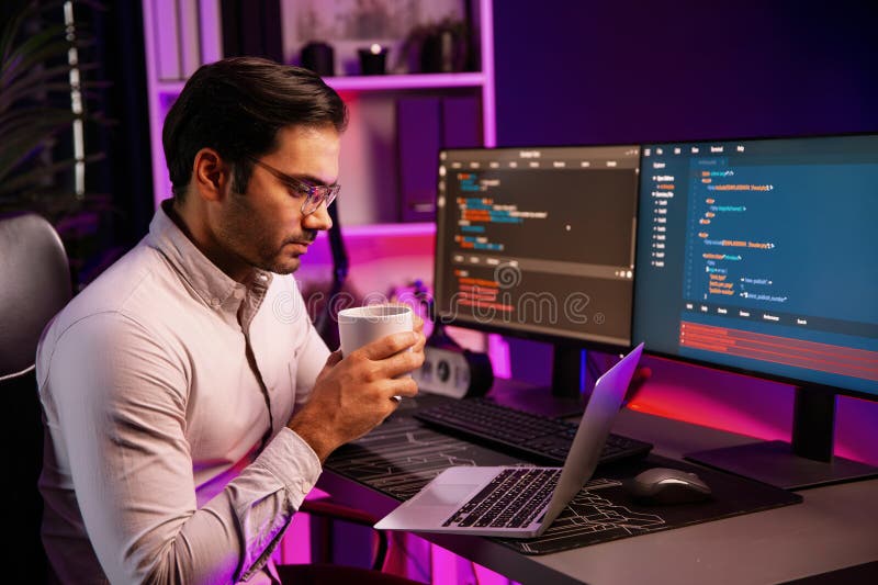 Smart it Developer Drinking Coffee Cup while Working Code on Pc Screen. Surmise. Stock Photo ...