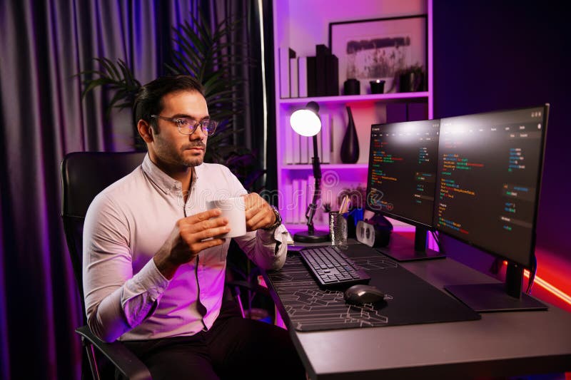 Smart it Developer Drinking Coffee Cup while Working Code on Pc Screen. Surmise. Stock Photo ...