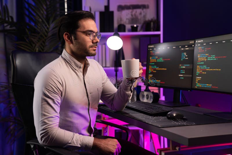 Smart it Developer Holding Coffee Cup with Pose at Neon Light Office ...