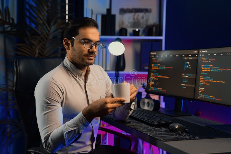 Smart it Developer Holding Coffee Cup with Pose at Neon Light Office ...