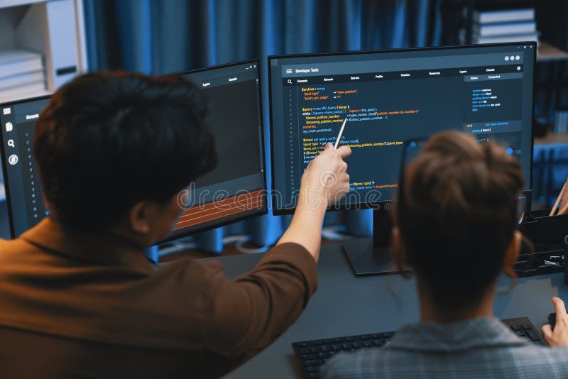 Smart It Developer Looking At Coding Program Application At Back Side Infobahn Stock Image