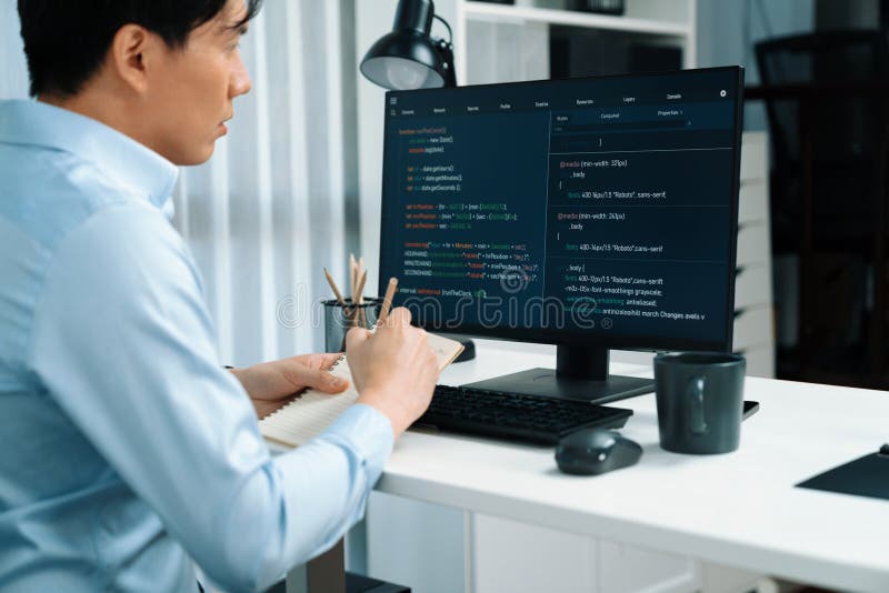101 Software Developer Analyzing Data Computer Screen Modern Office ...