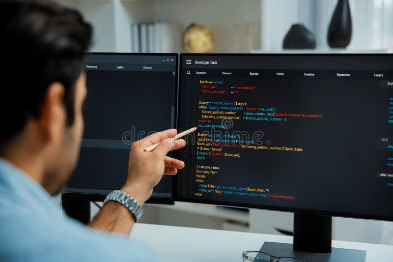 Smart It Developer Pointing Data Software Development Lines On Pc