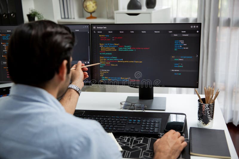 Smart It Developer Pointing Data Software Development Lines On Pc