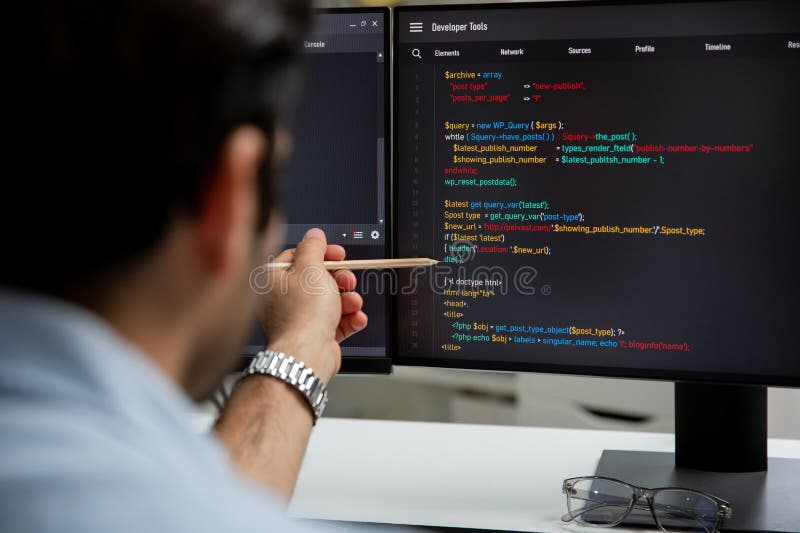Smart it Developer Pointing Data Software Development Lines on Pc. Surmise. Stock Photo - Image ...