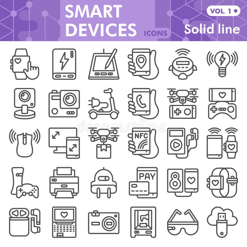 Smart Device Solid Line Icon Set, Portable Electronics Symbols ...