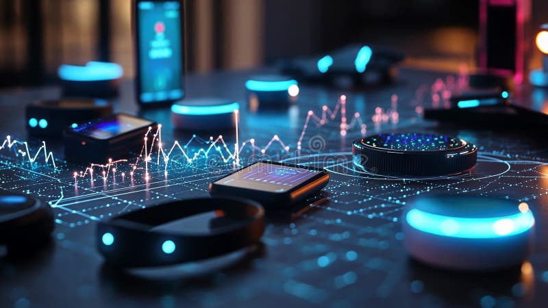 Smart Devices Communicating and Exchanging Data on a Futuristic Desk ...