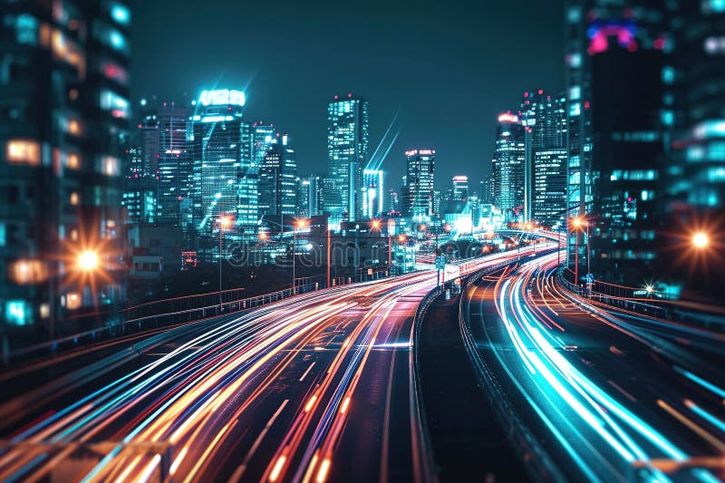 Smart Digital City with High Speed Light Trail of Cars of Digital Data Transfer. Generative AI ...