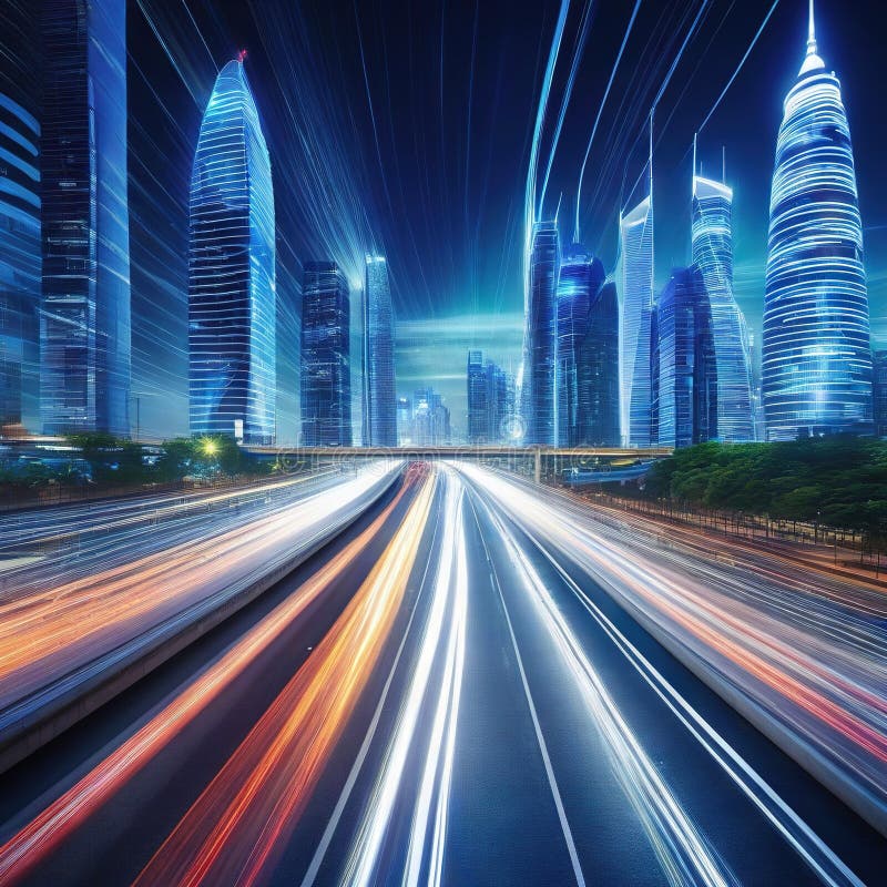 Smart Digital City with High Speed Light Trails Created with Stock ...