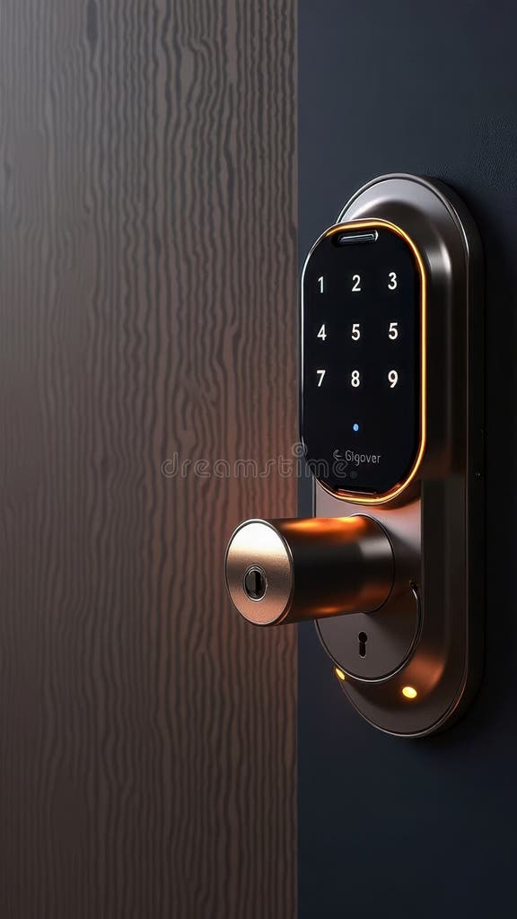 Smart Digital Door Lock with Keypad on Wooden Door Surface Stock Image ...