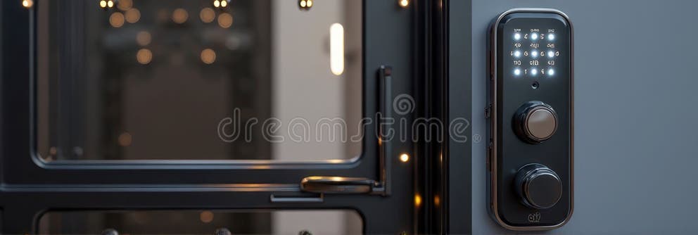 Smart Digital Door Lock on Modern Glass Door with Illuminated Keypad at ...