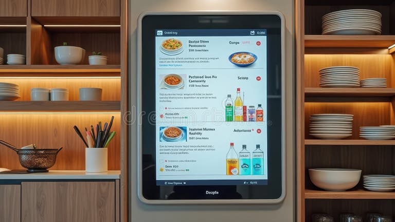 Smart Digital Kitchen Display with Recipe Guide in Modern Home Stock ...