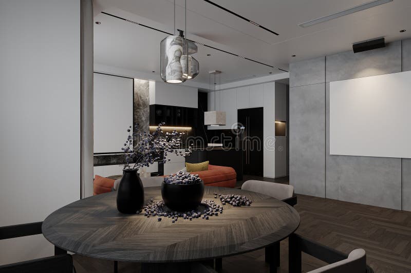A Smart Dining Table on a Dining Room Interior Design Concept 3D Illustration Stock Illustration ...