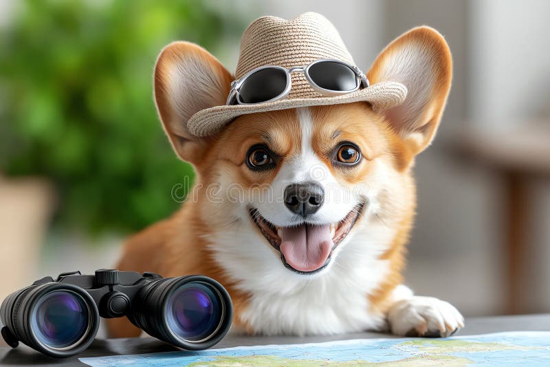 A Smart Dog Dressed As an Explorer, with a Tiny Hat and Binoculars ...