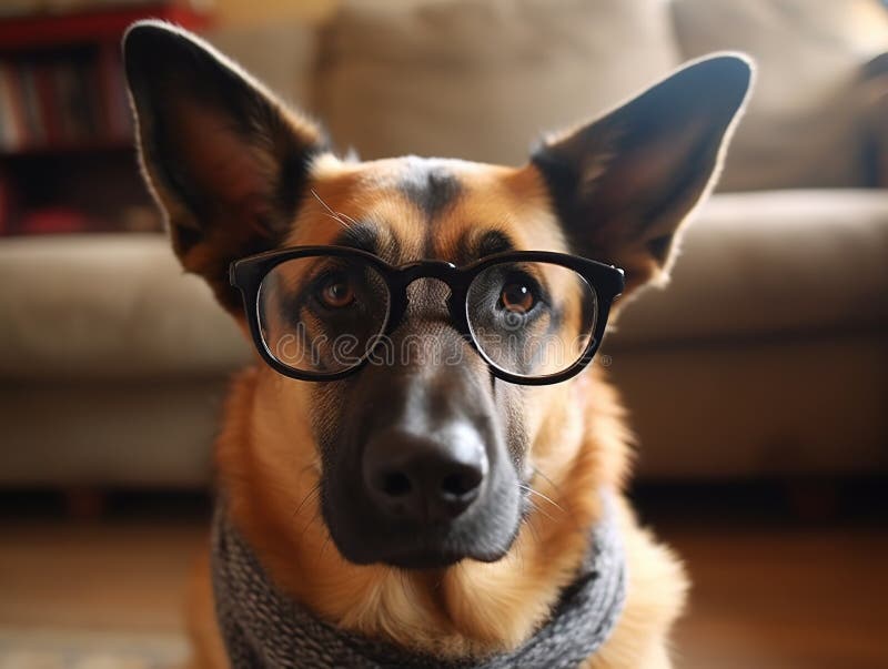 Smart Dog German Shepherd Breed in Glasses Looking into the Camera ...