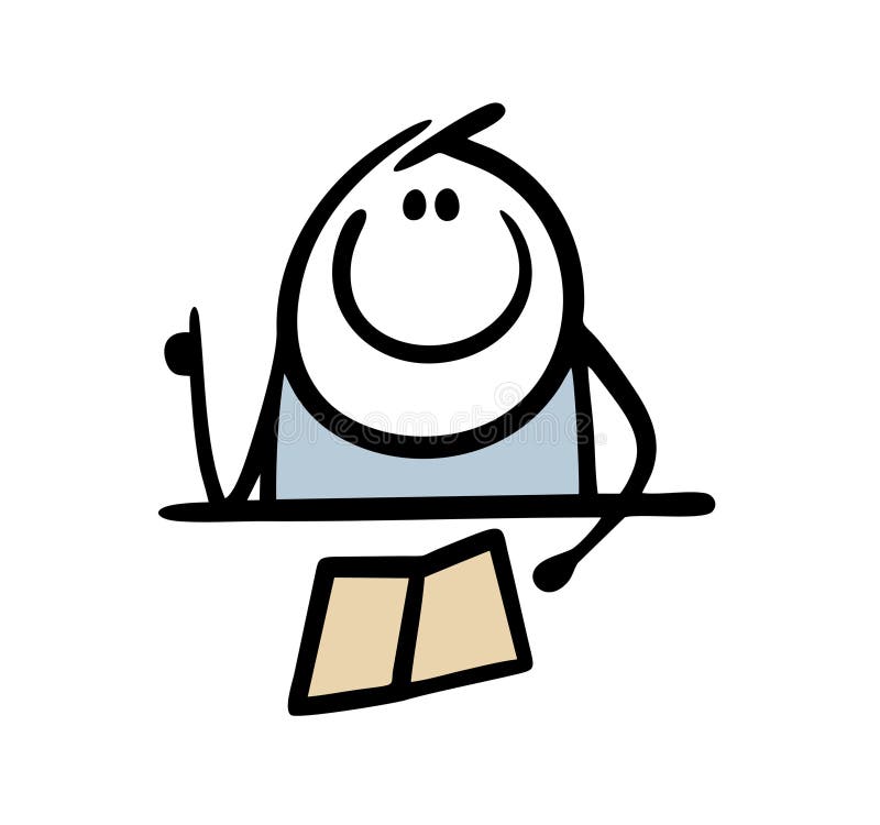 Smart Doodle Stickman Sitting at the Table and Reeding Book. Vector ...